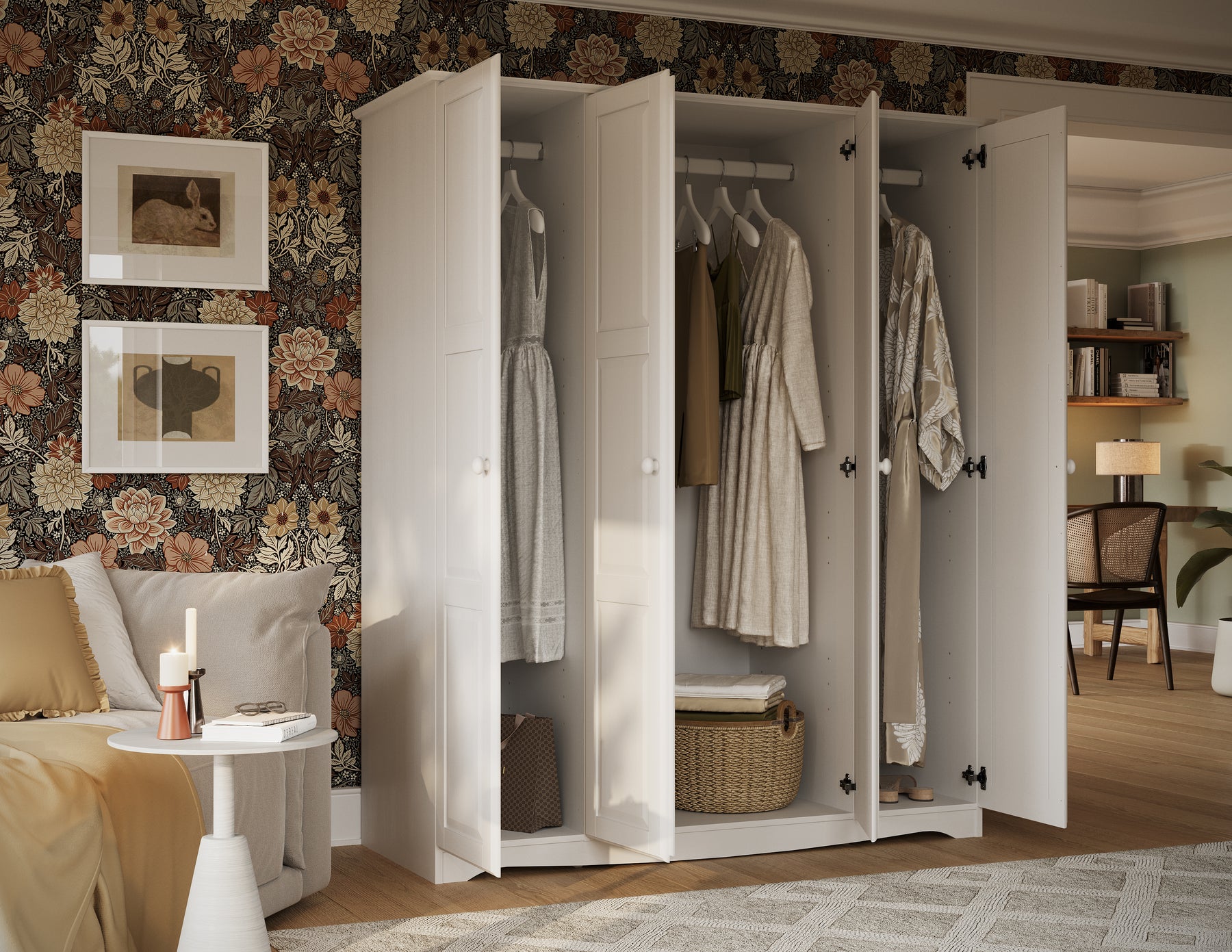 100% Solid Wood 4-Door Wardrobe Armoire with Raised Panel Doors, Bedro ...