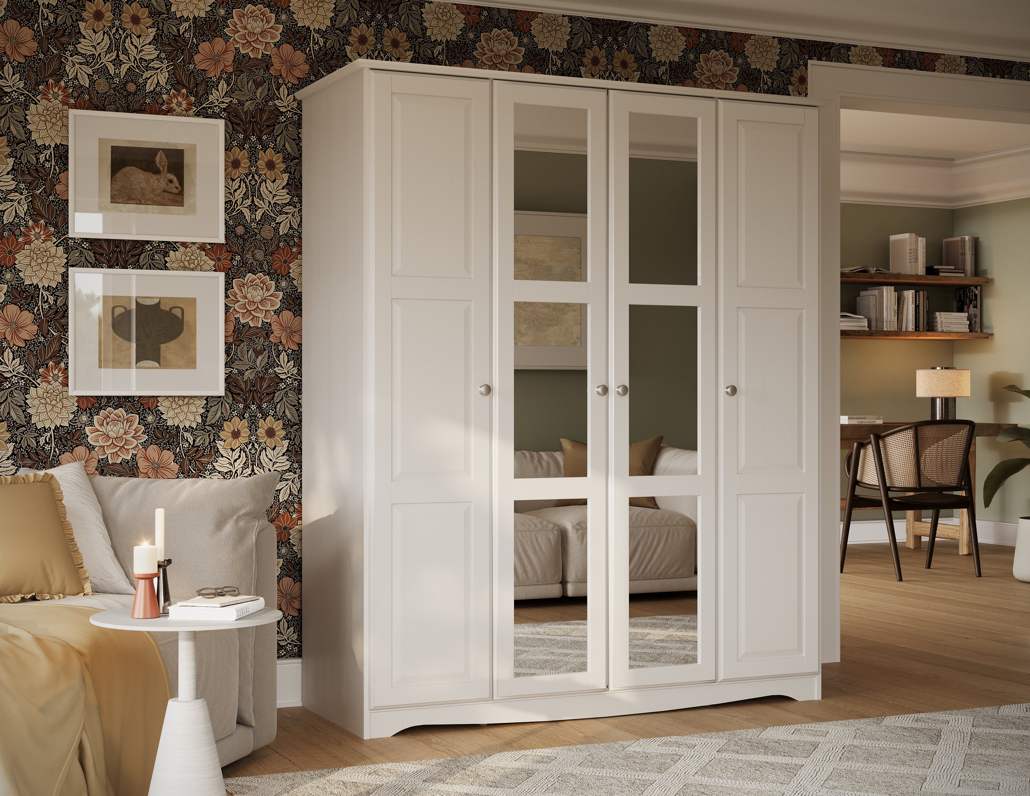 100% Solid Wood Regal Wardrobe Armoire with Mirrored, Wood Doors, Meta ...