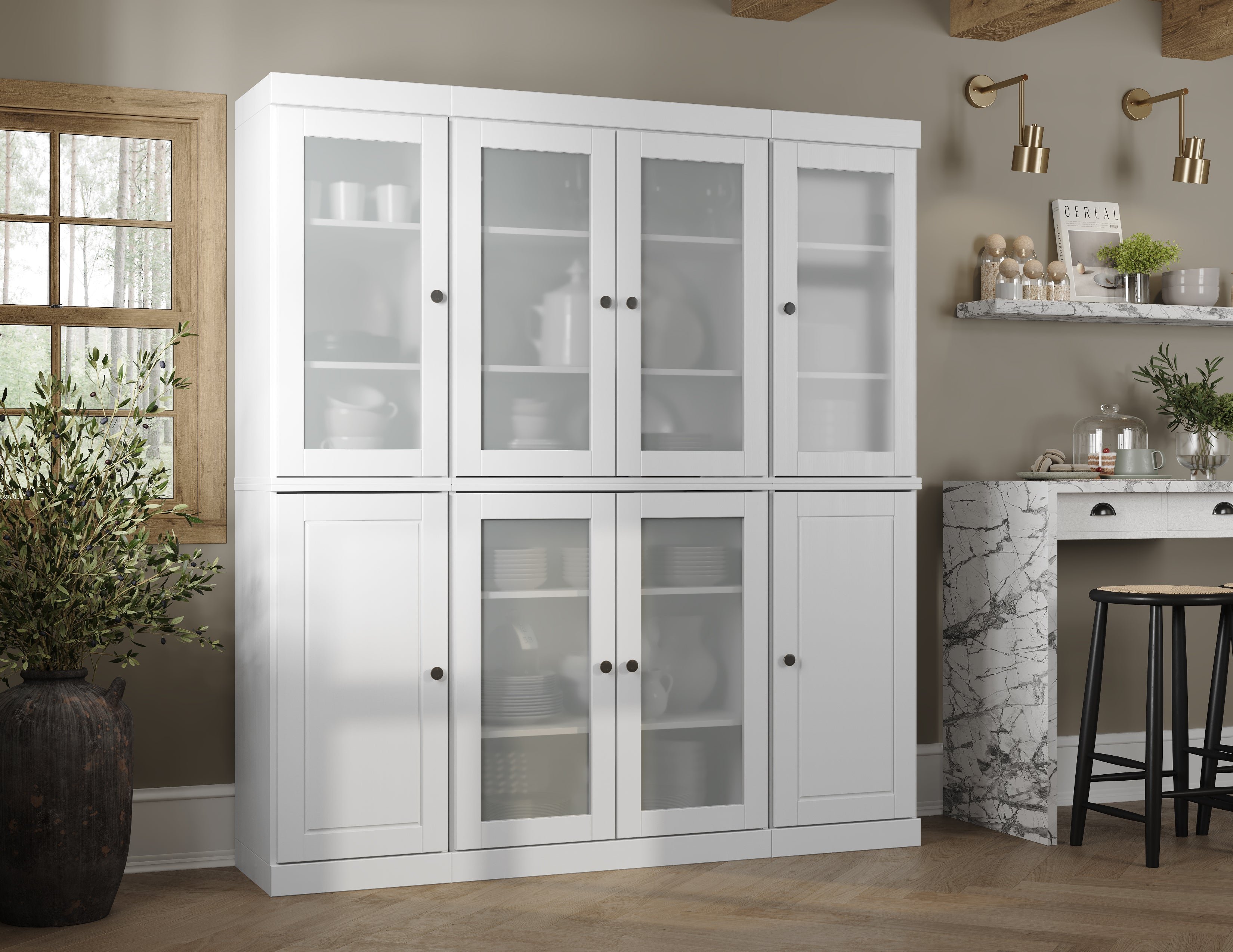 100% Solid Wood 65" China Pantry Cabinet, 6 Frosted Glass, 2 Solid Woo ...
