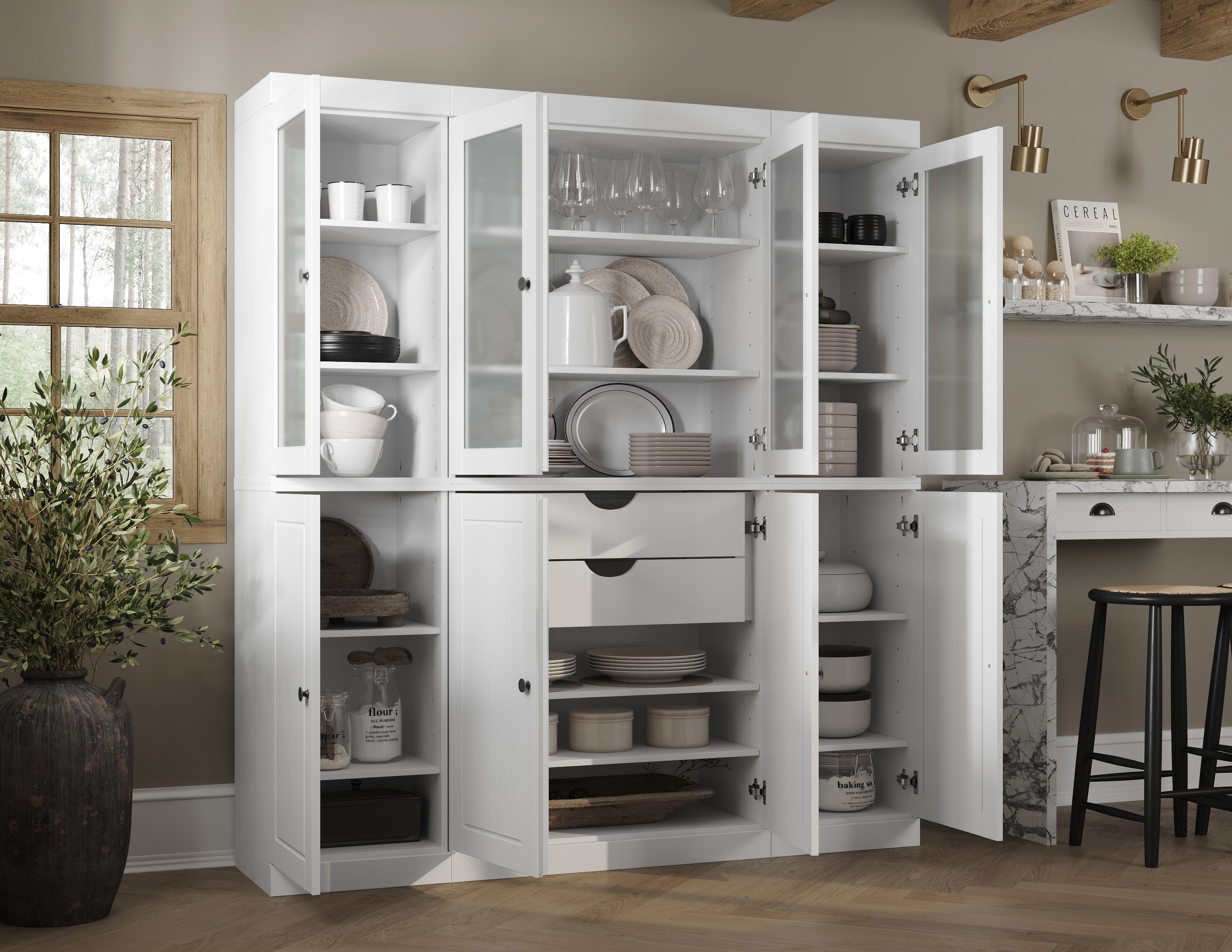 100% Solid Wood 65" China Pantry Cabinet, 4 Frosted Glass, 4 Raised Pa ...