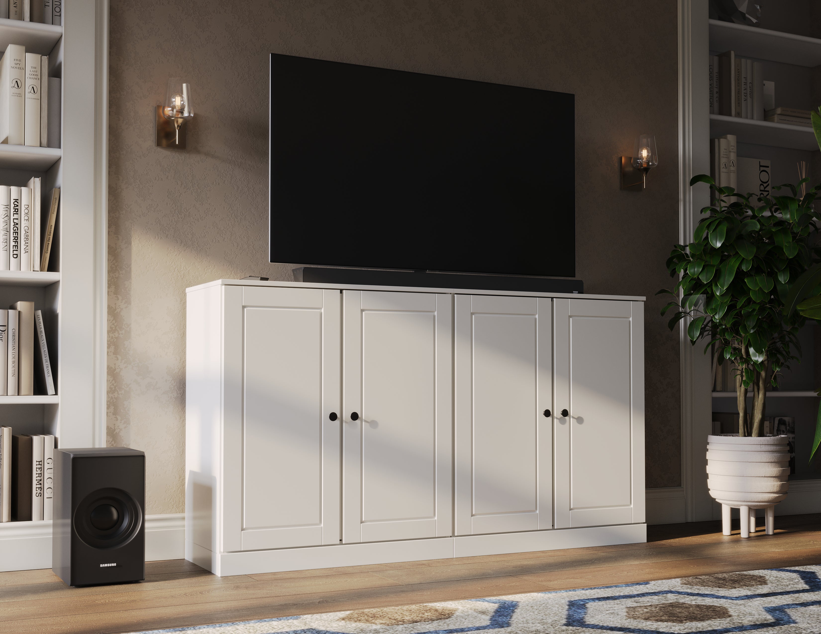 100% Solid Wood TV Stand with Raised Panel Wood Doors for TVs up to 64 ...